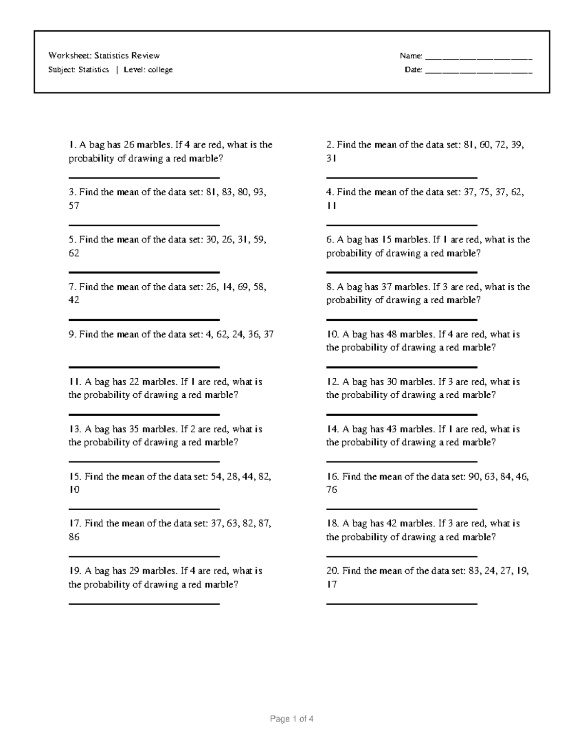 Statistics Review Worksheet: Probability & Mean Calculations - Studocu