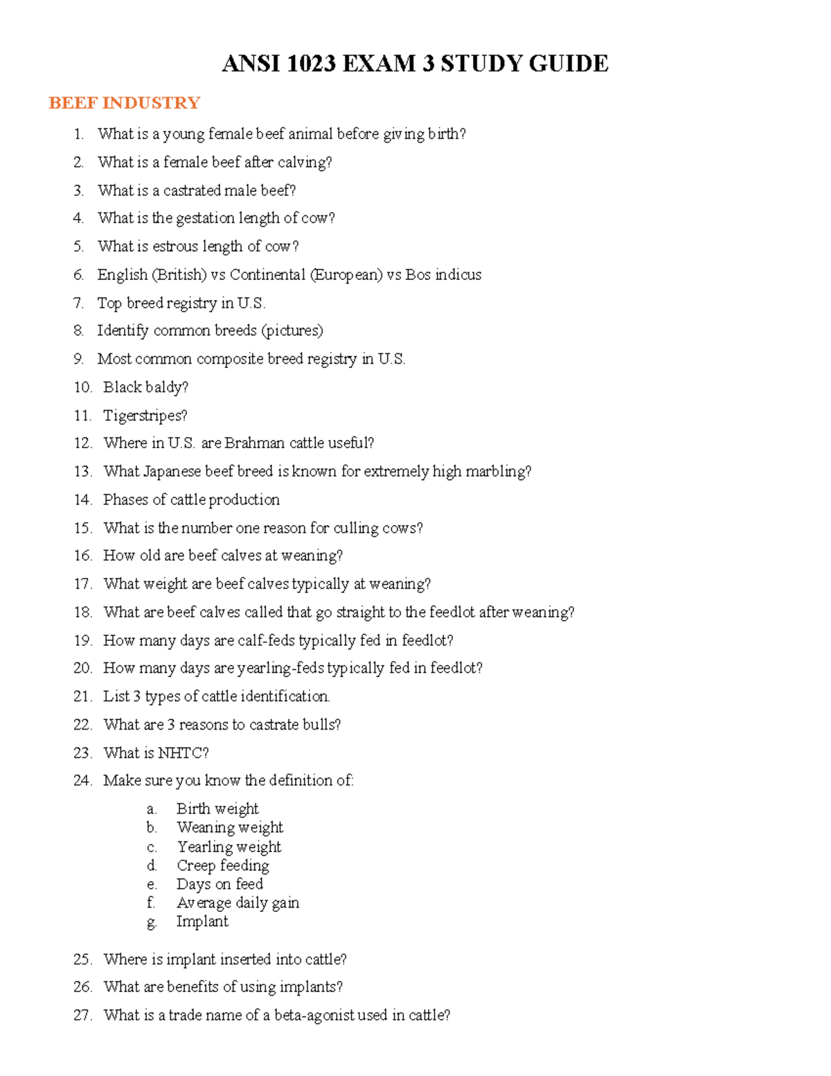 ANSI 1023 Exam 3 Study Guide: Overview of Livestock Industries - Studocu