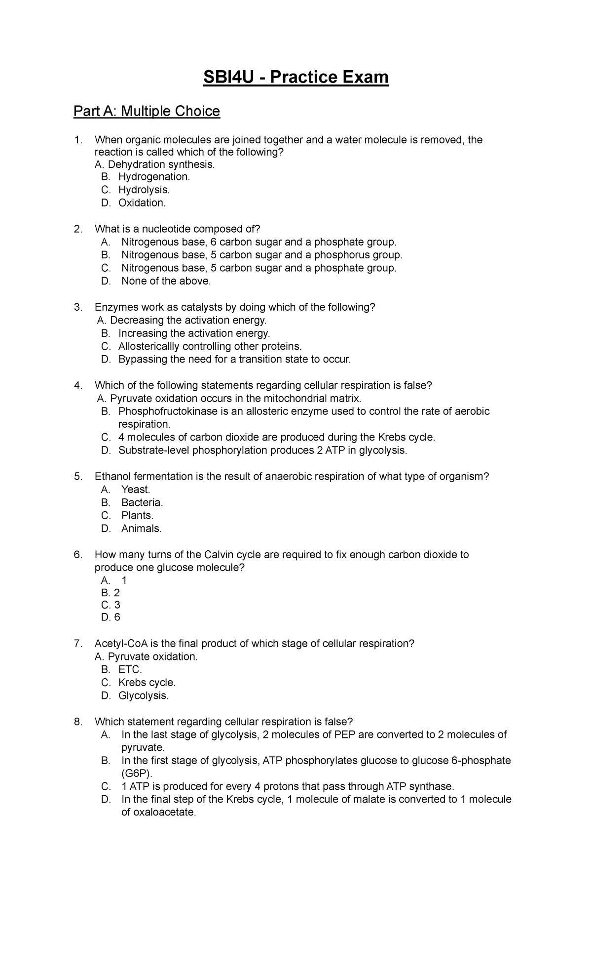 Practice Exam 2023 - NOTHING - SBI4U - Practice Exam Part A: Multiple ...