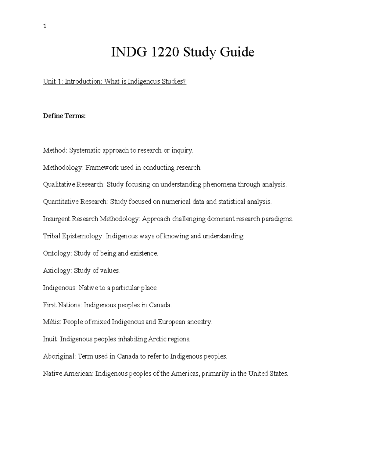 INDG 1220 Study Guide - INDG 1220 Study Guide Unit 1: Introduction ...