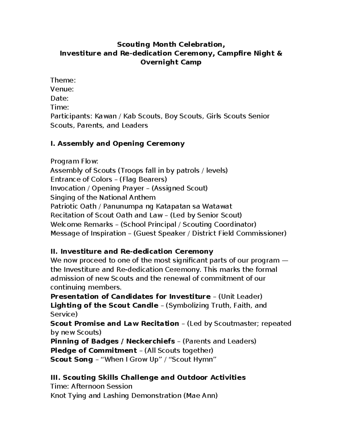 Scouting Month Celebration: Investiture & Campfire Program - Studocu