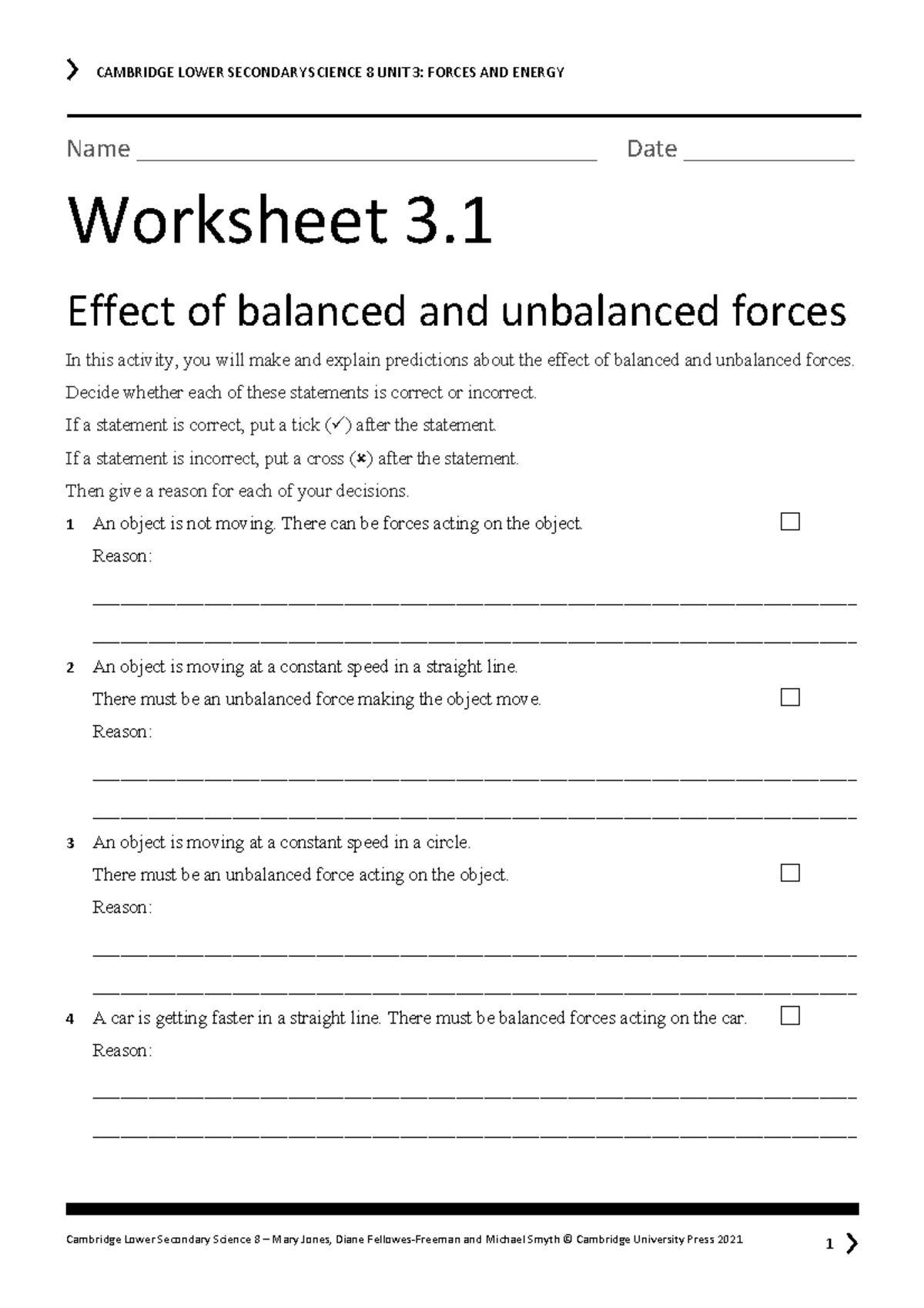 CAMBRIDGE LOWER SECONDARY SCIENCE 8 UNIT 3: FORCES AND ENERGY ...