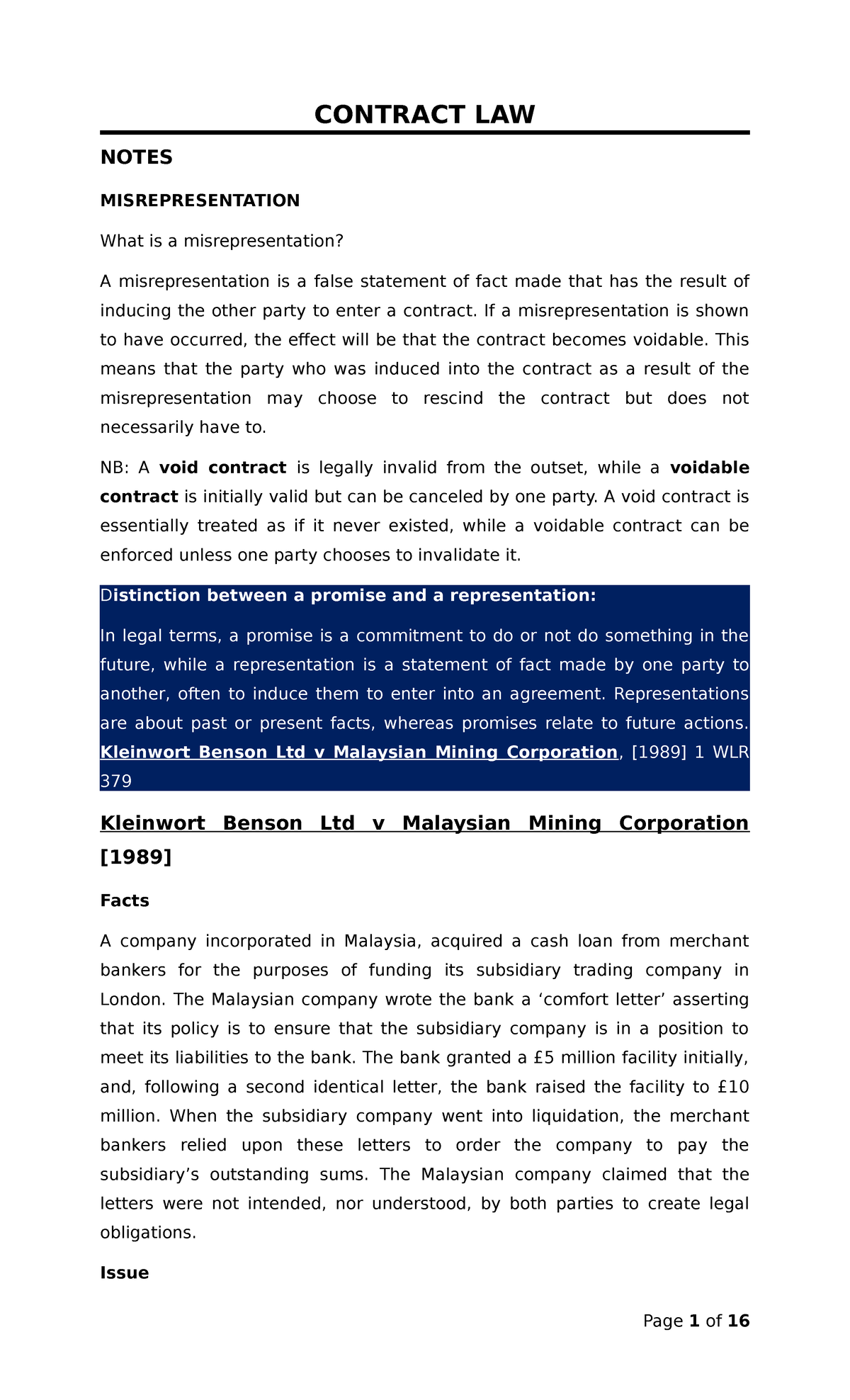 Contract Law Notes: Understanding Misrepresentation and Its ...