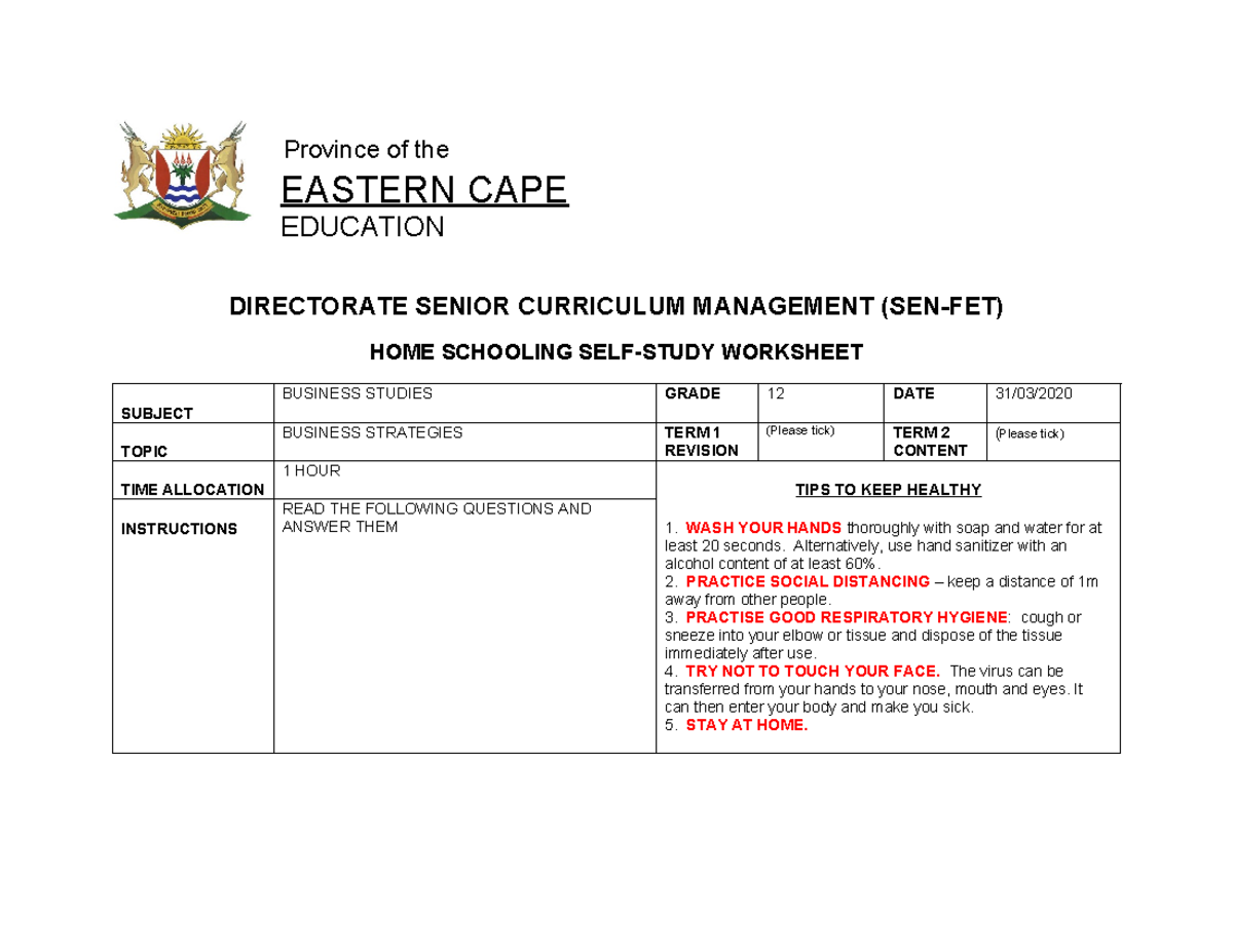 Business Studies Grade 12 Term 1 & 2 Revision Worksheet - Studocu
