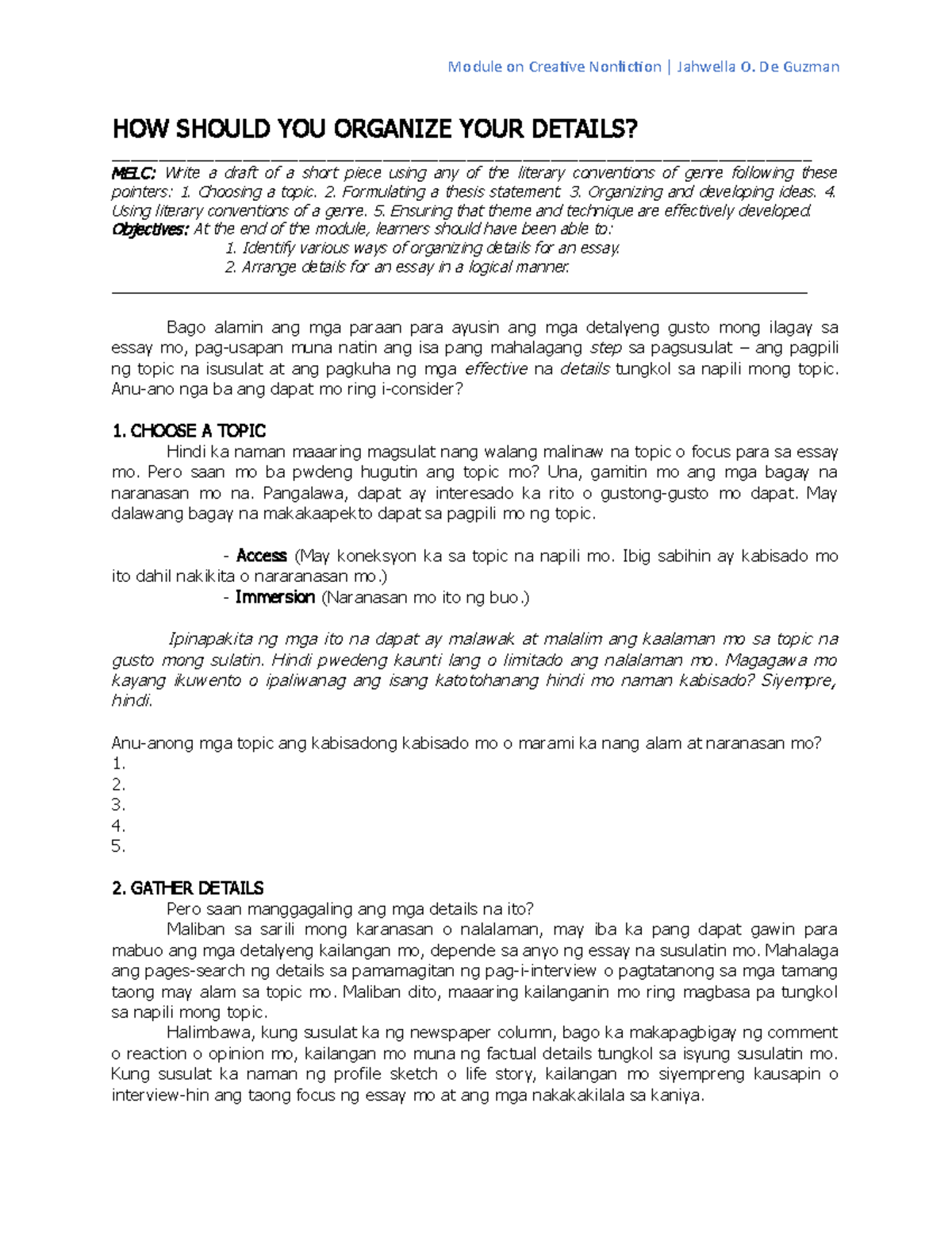 Organizing Essay Details in Creative Nonfiction: Effective Strategies ...