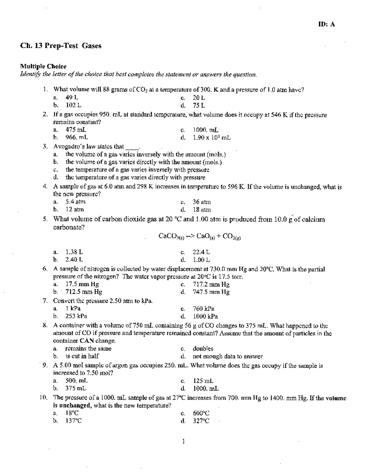 Ch. 13 Gas Laws Prep Test: Multiple Choice Questions & Answers - Studocu
