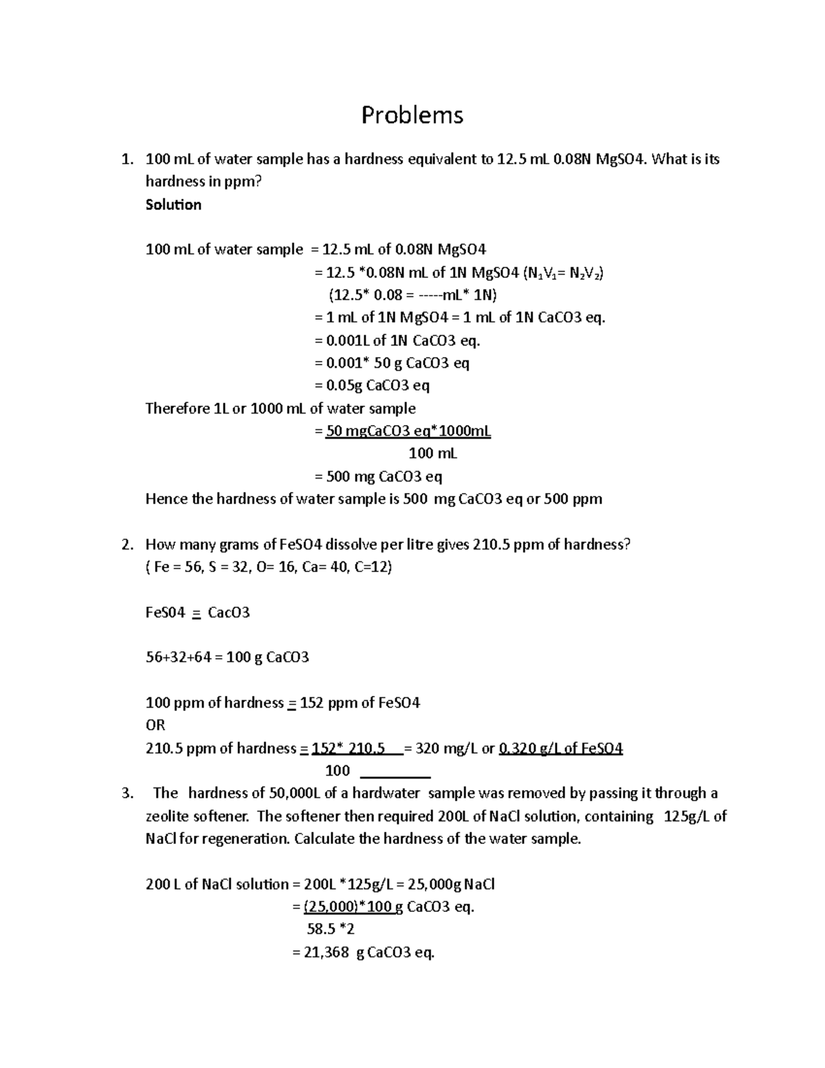 Engineering chemistry problems - Problems 100 mL of water sample has a hardness equivalent to 12 ...