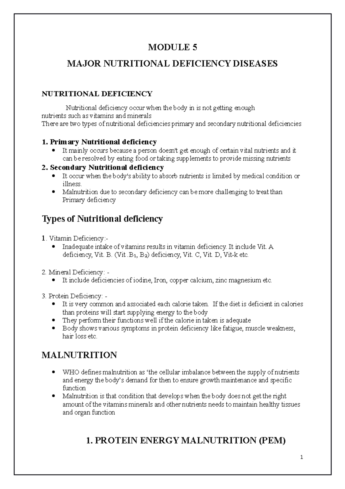 Module 5 human - MAJOR NUTRITIONAL DEFICIENCY DISEASES - MODULE 5 MAJOR ...