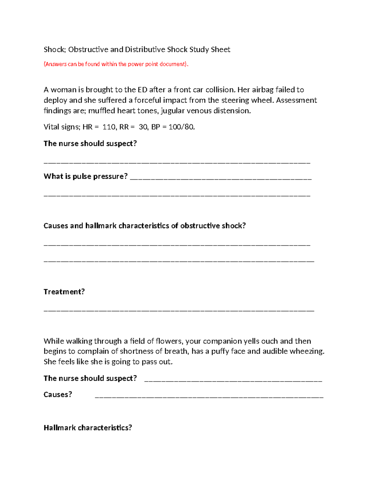 Shock: Obstructive & Distributive Study Sheet (Nursing Insights) - Studocu