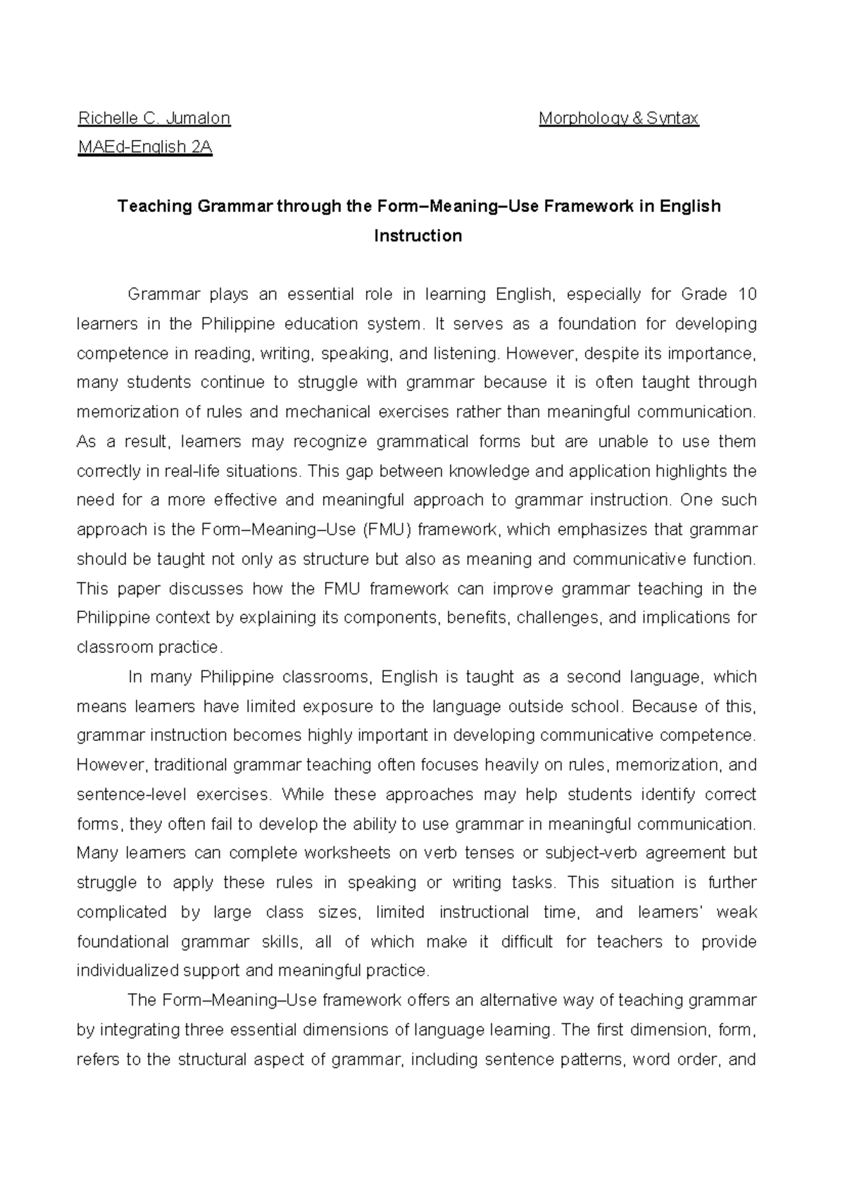 Teaching Grammar Effectively: FMU Framework in English 2A - Studocu