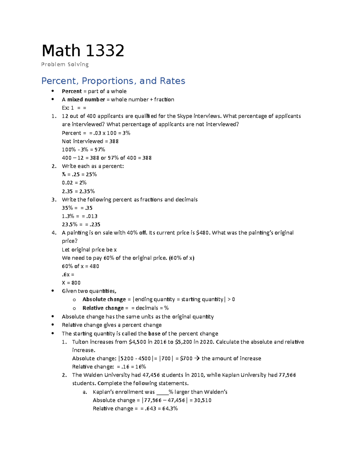 Problem Solving - Math 1332 Problem Solving Percent, Proportions, and ...