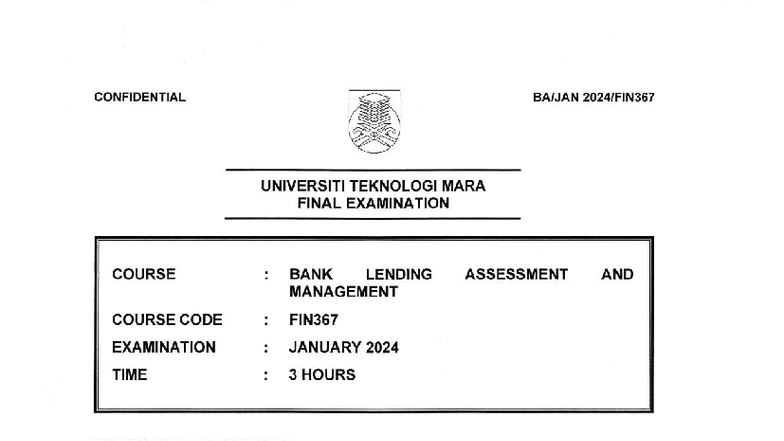 FIN367 - Final Exam Paper on Bank Lending Assessment and Management ...