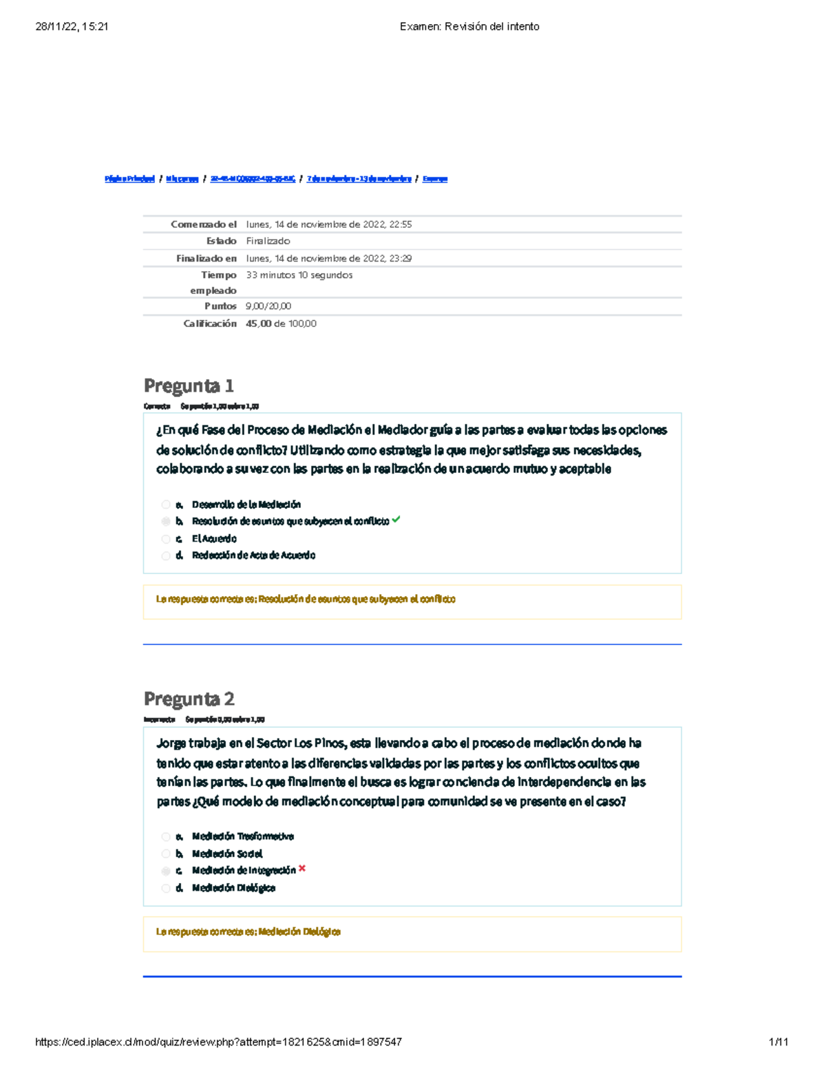 Examen de Mediación Comunitaria - Curso 22-4B-MCO6002 - Resultados y Respuestas - Studocu