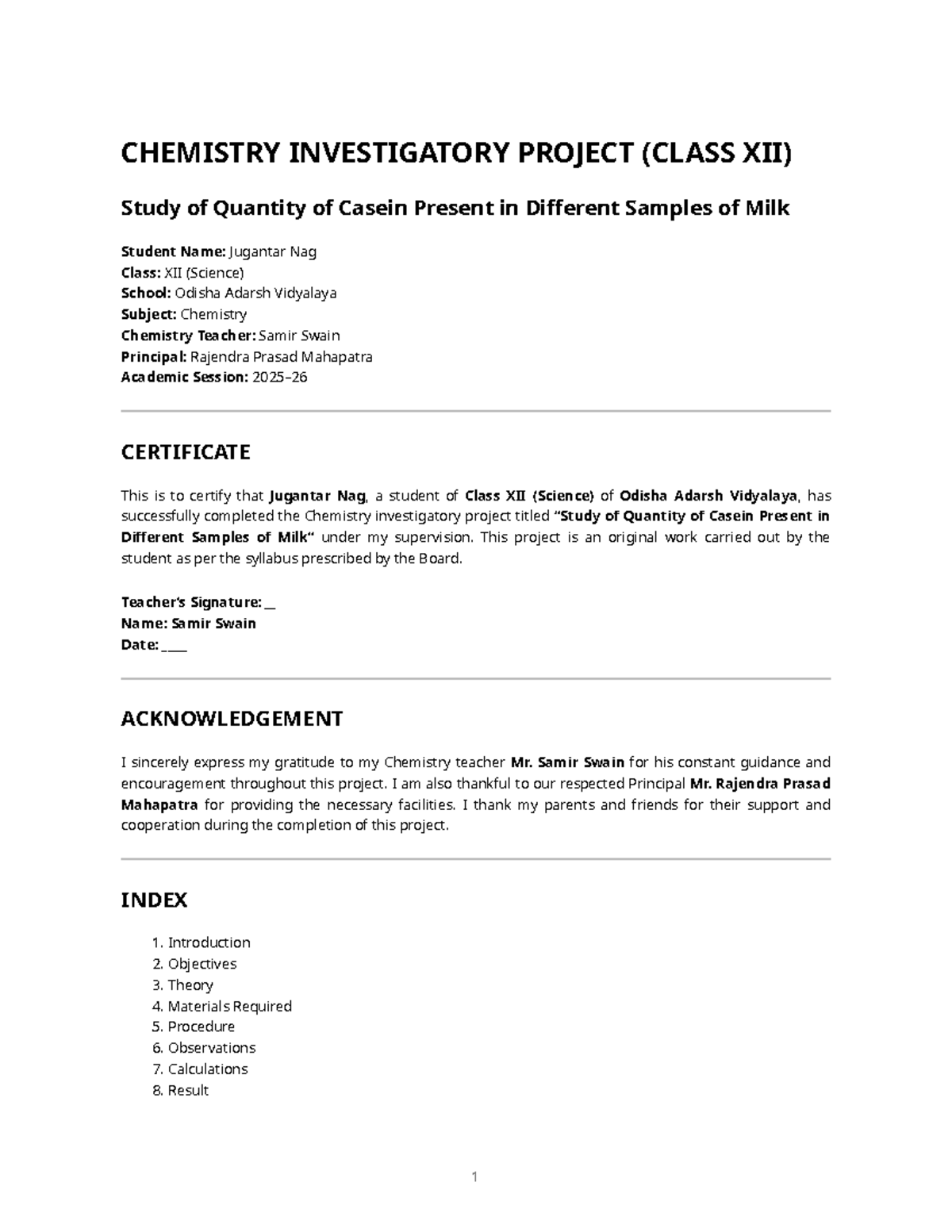 CHEMISTRY INVESTIGATORY PROJECT (CLASS XII): Casein in Milk Analysis ...
