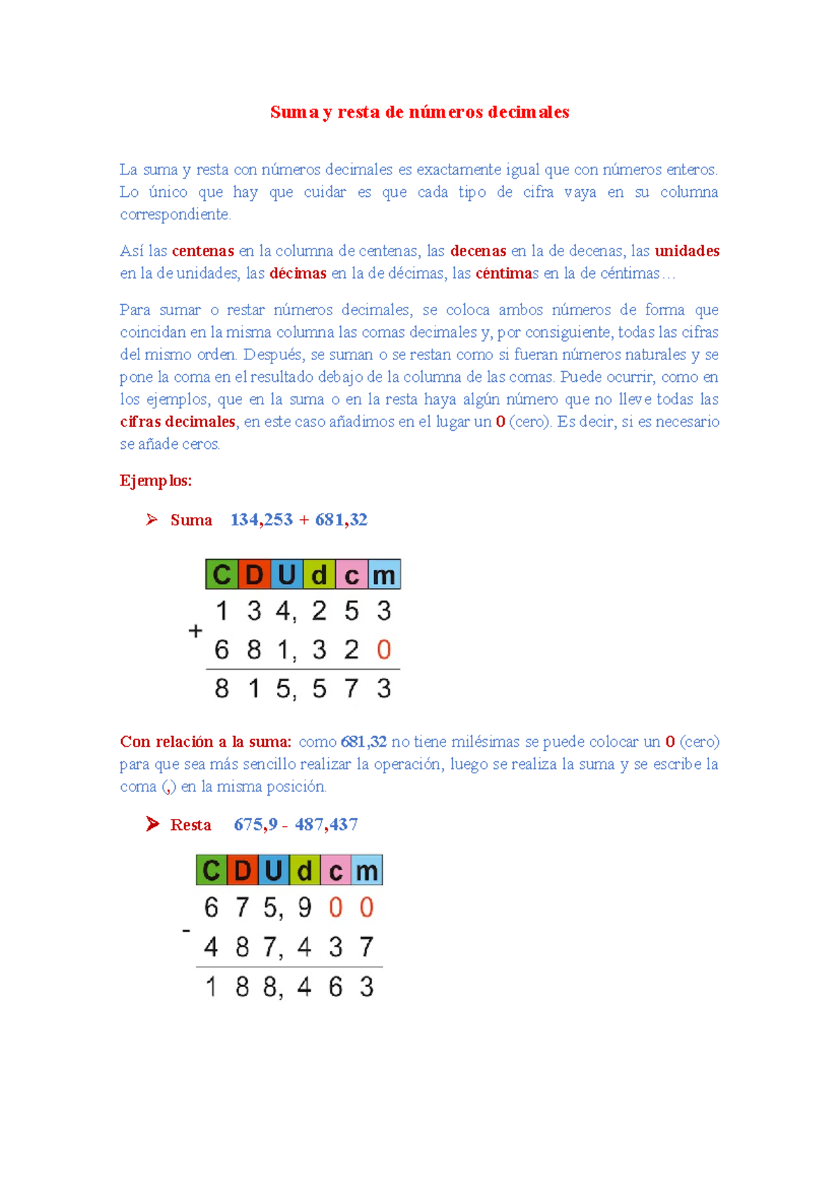 Suma y resta de números decimales - Suma y resta de números decimales ...