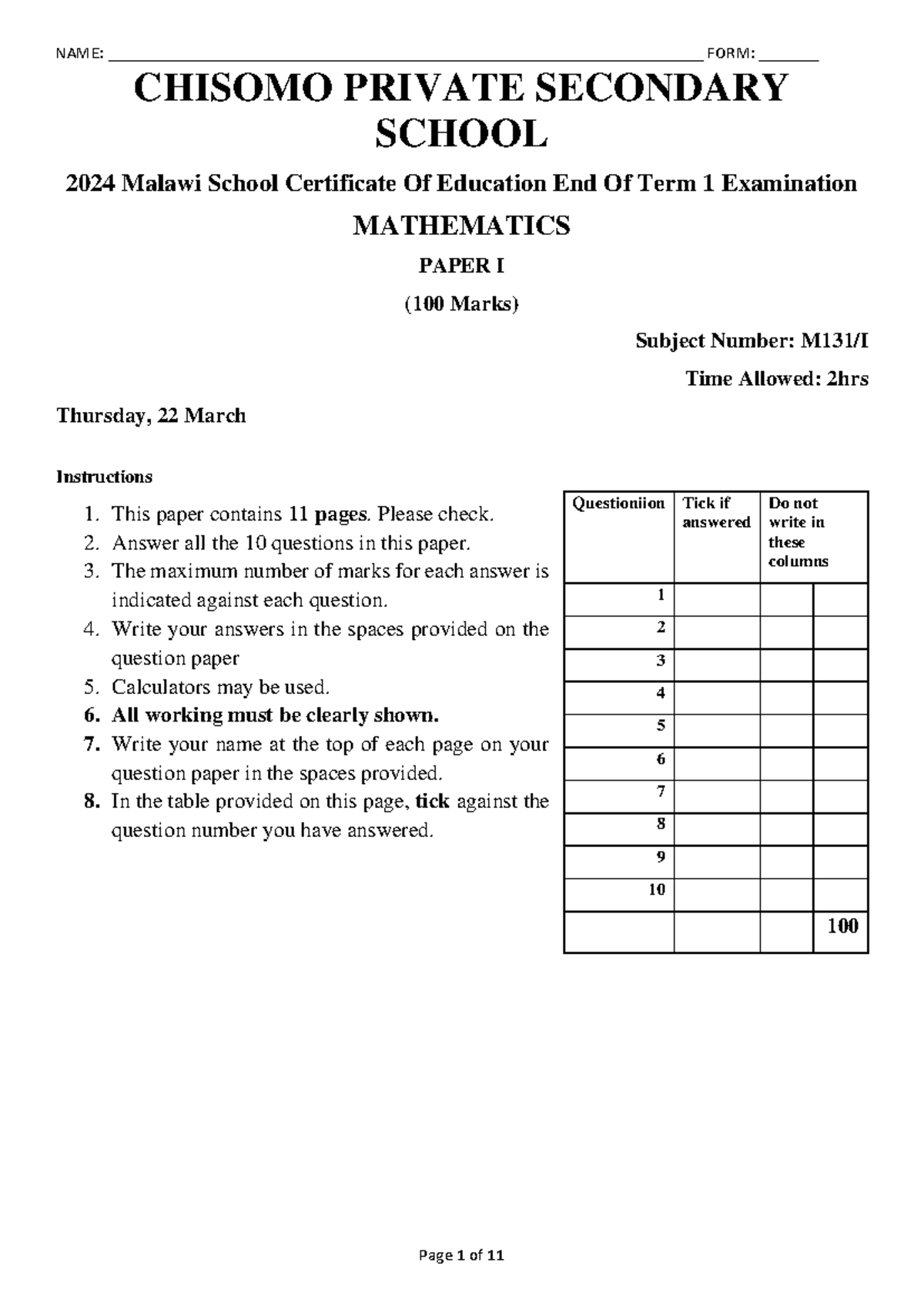 Form 4 Mathematics Exam Paper I (M131/I) - Term 1, 2024 - Studocu