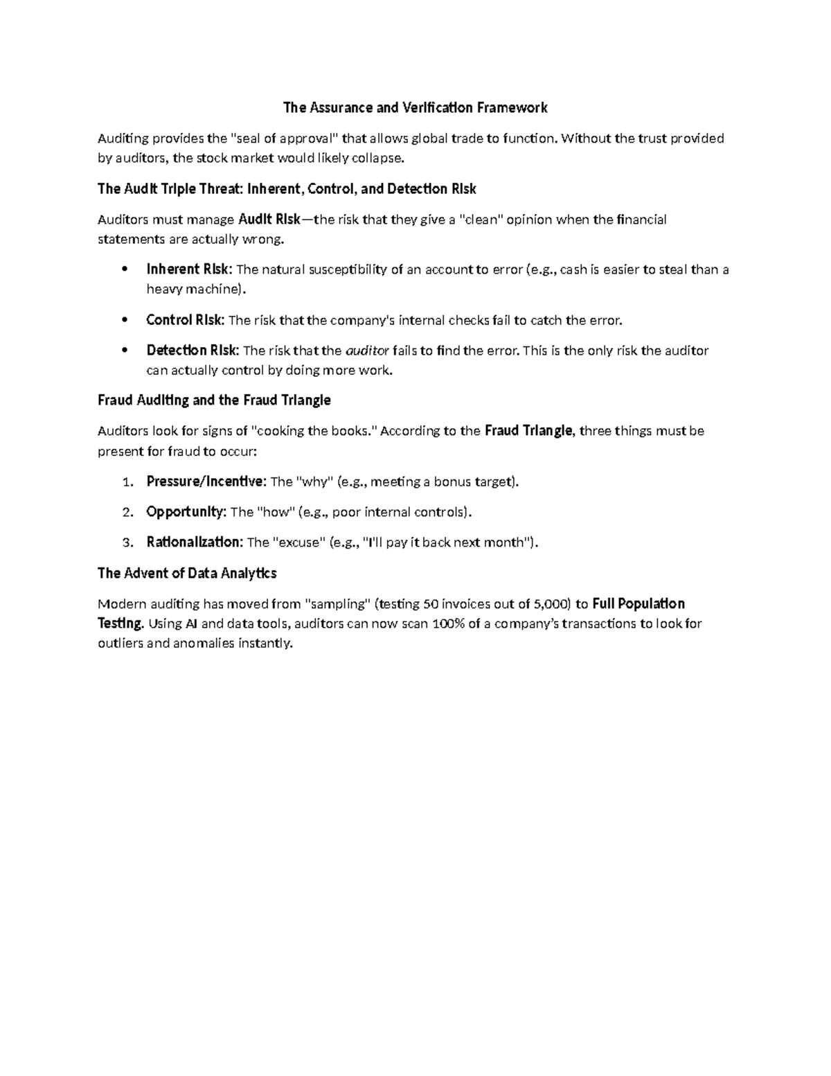 Auditing Framework: Assurance, Risks, and Data Analytics Insights - Studocu