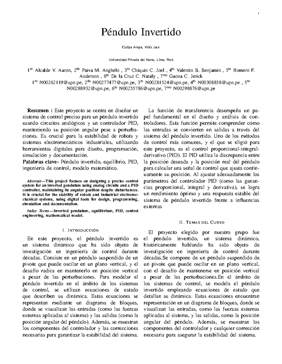 Diseño y Control PID del Péndulo Invertido - UPN 2023 - Studocu