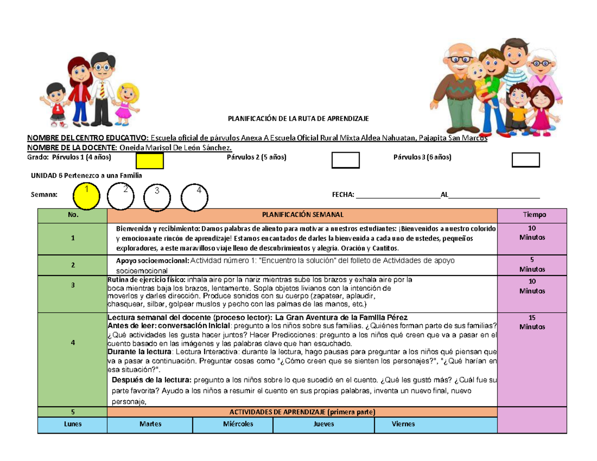 PLANIFICACIÓN SEMANAL UNIDAD 6: PERTENEZCO A UNA FAMILIA - PÁRVULOS 1-3 ...