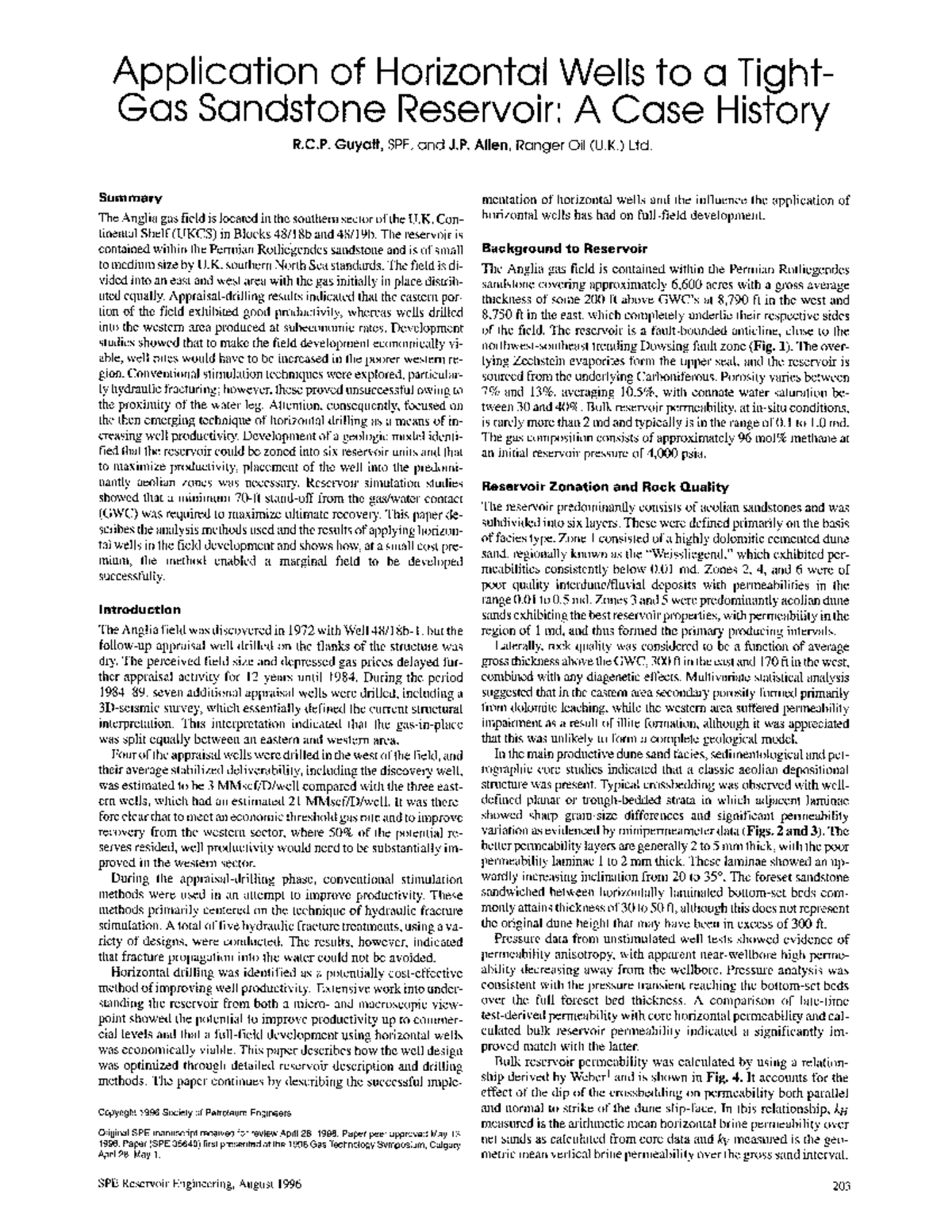 Application of Horizontal Wells in the Anglia Gas Field: SPE 35640 Case ...