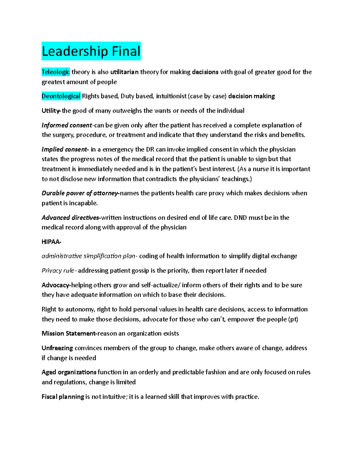 Leadership Final Study Guide: Key Theories and Practices in Nursing ...