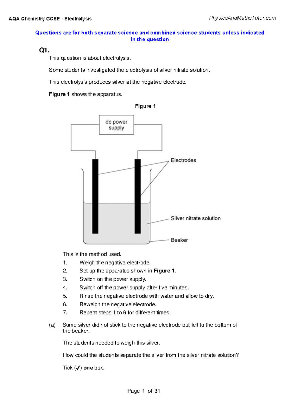 Electrolysis QP - AQA Chemistry GCSE: Investigating Silver & Copper ...