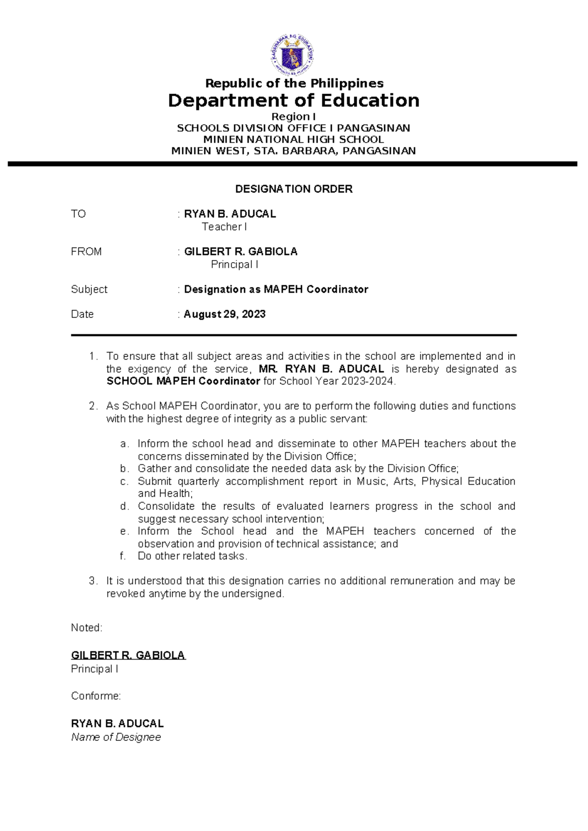 Designation Orders for MAPEH, CTP, and Grade 9 Adviser - Studocu