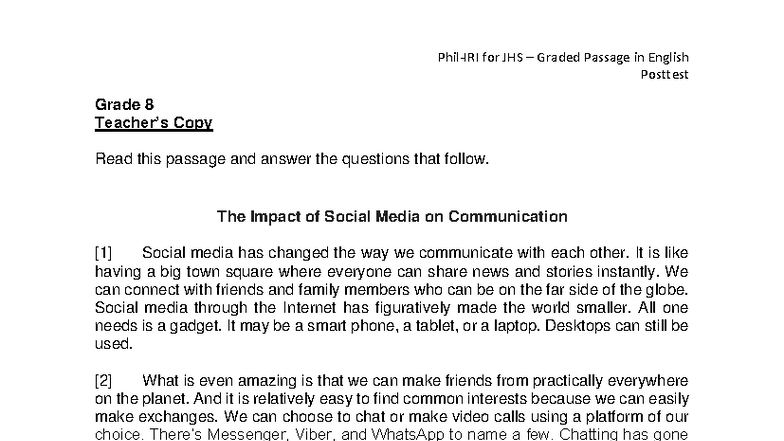 Grade 8 JHS Graded Passage: The Impact of Social Media on Communication ...