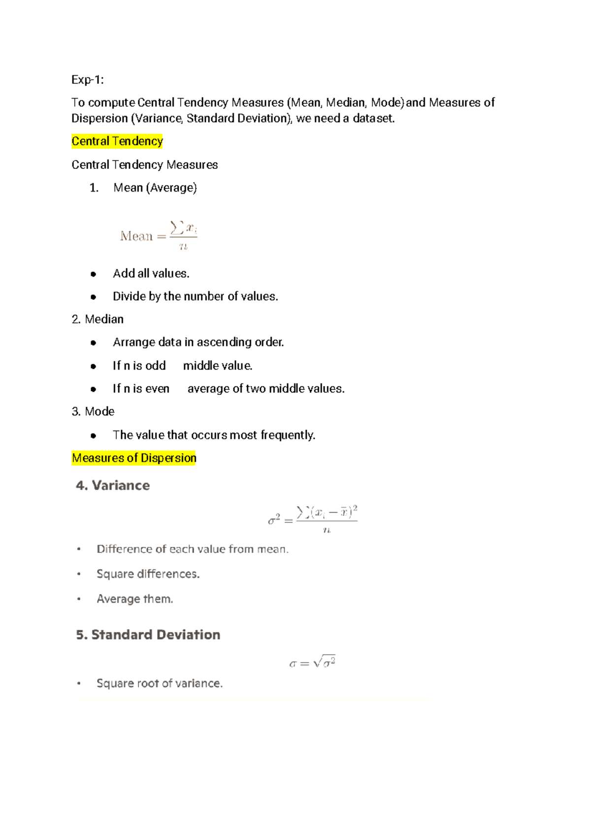 ML LAB 6 EXP - Central Tendency & Dispersion Measures in Datasets - Studocu