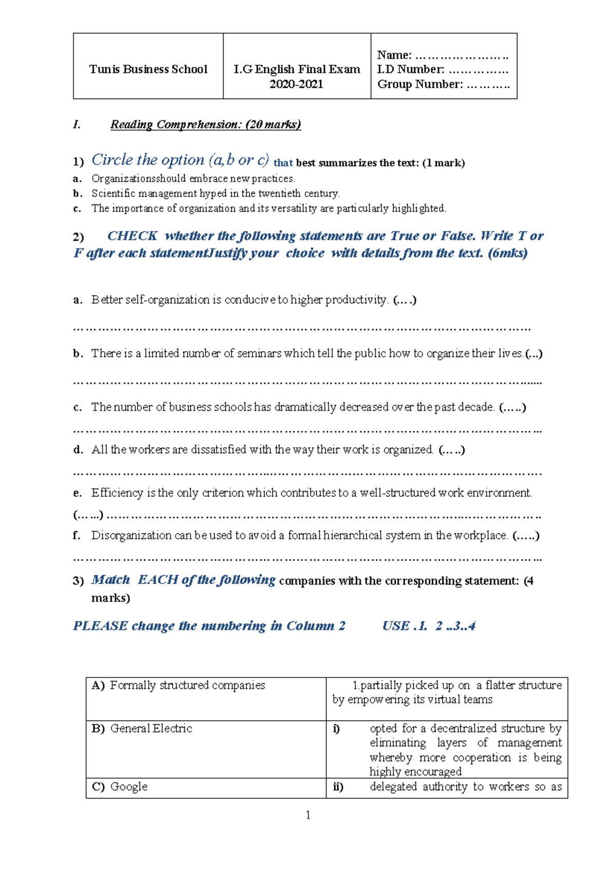 Tunis Business School I.G English Final Exam Review 2020-2021 - Studocu