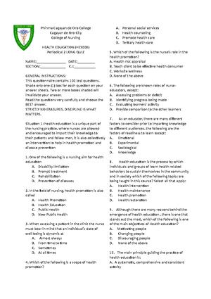 Health Assessment P1 W1 W3 - HEALTH ASSESSMENT Health - “State of ...