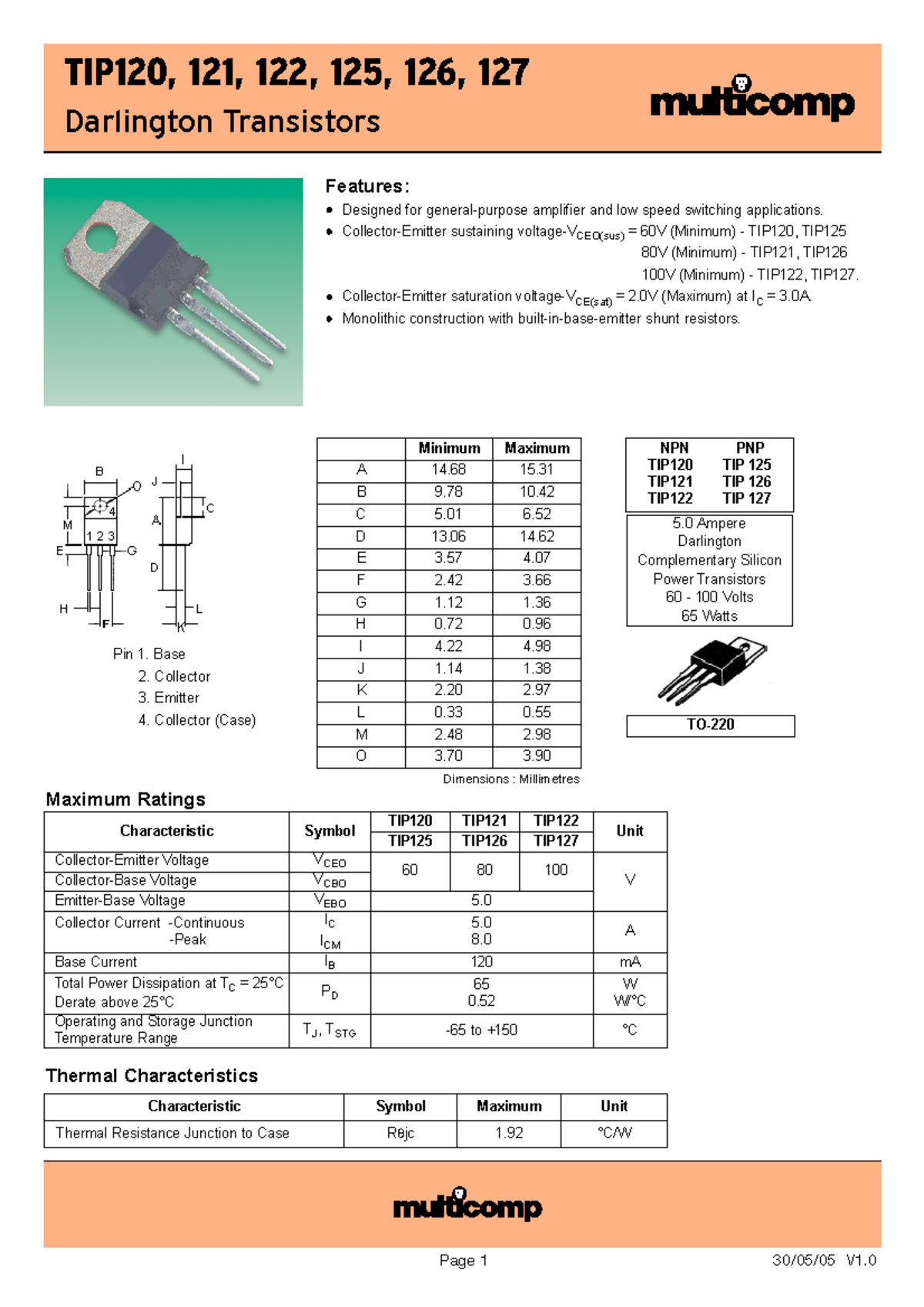 TIP120 - ok3 - Darlington Transistors Features: • Designed for general ...