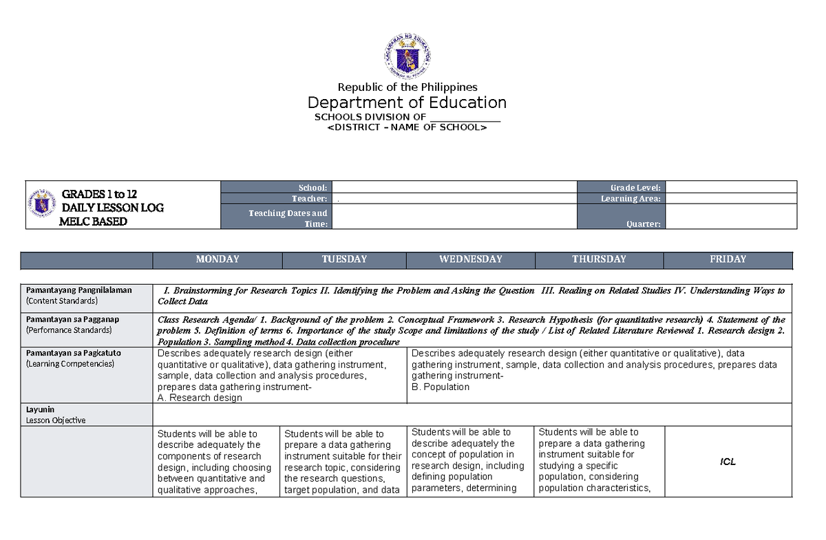 WEEK 5 - Daily Lesson Log (DLL) for Grades 1-12: Research Design - Studocu