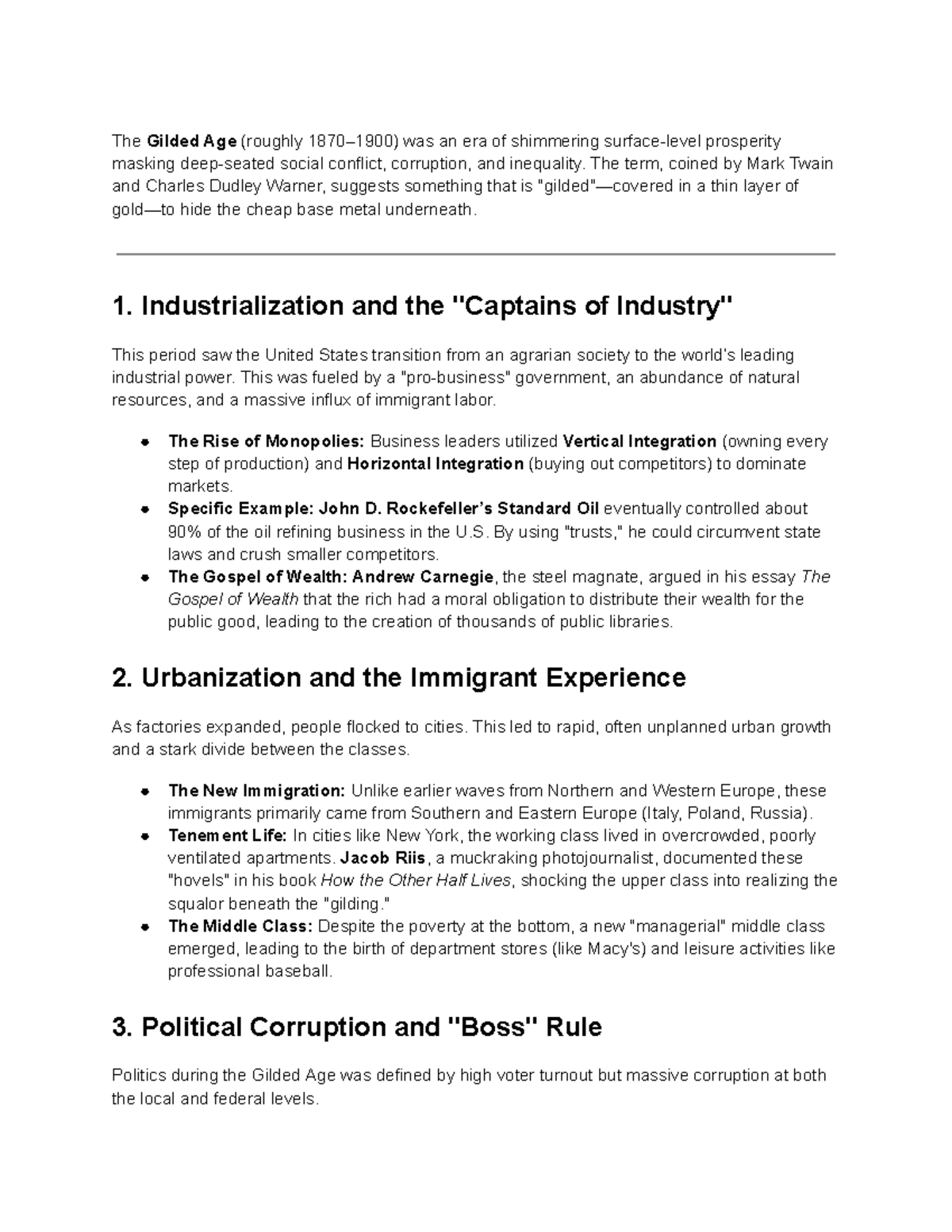 Summarized Notes on the Gilded Age (HIST 101) - Studocu
