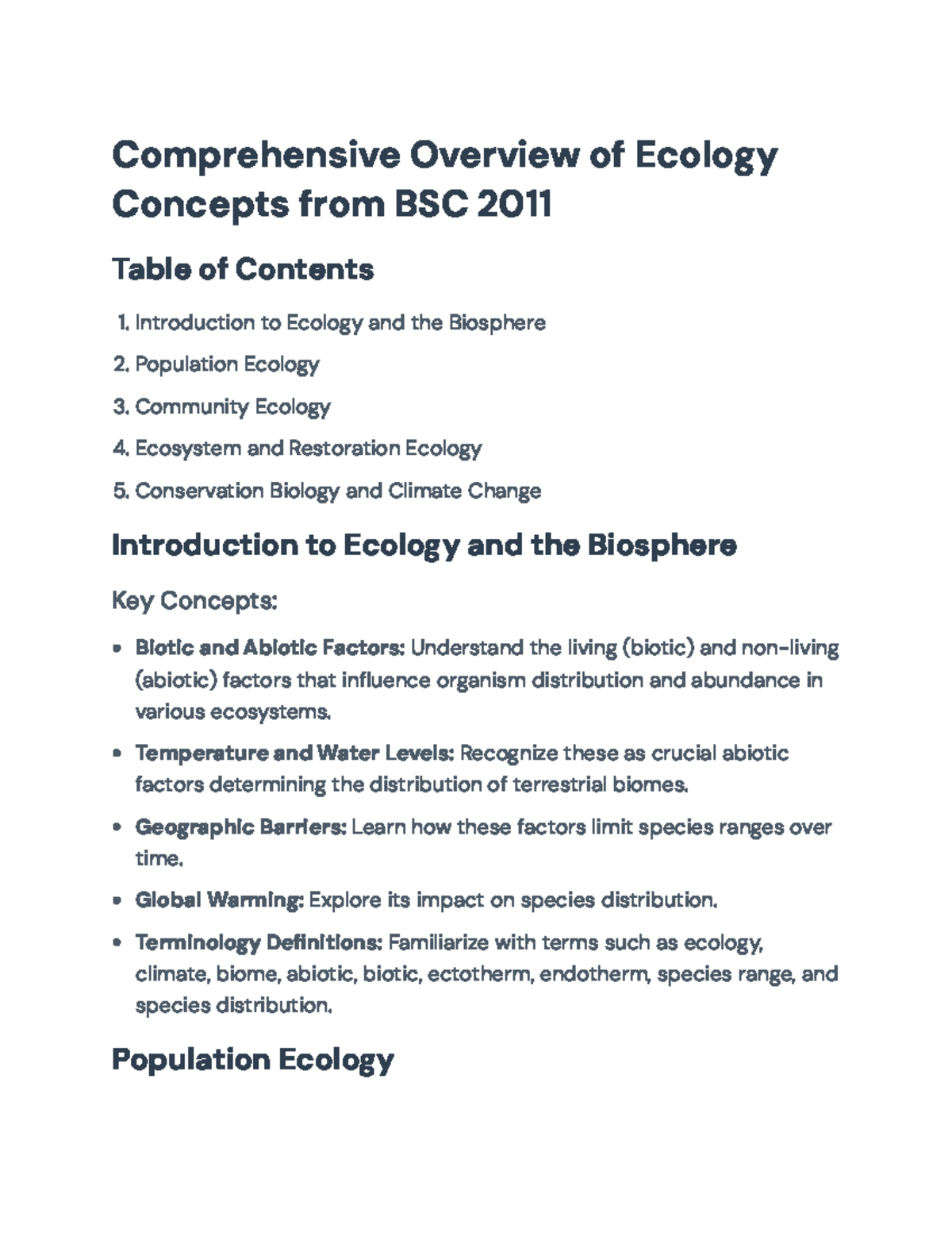 Comprehensive Ecology Overview for BSC 2011: Key Concepts and Definitions - Comprehensive ...
