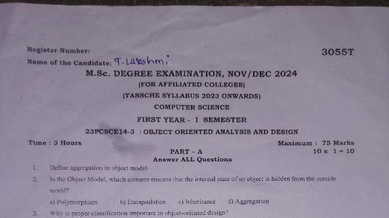 M.Sc. 2024 I Sem Exam: OOAD Question Paper (3055T) - Studocu