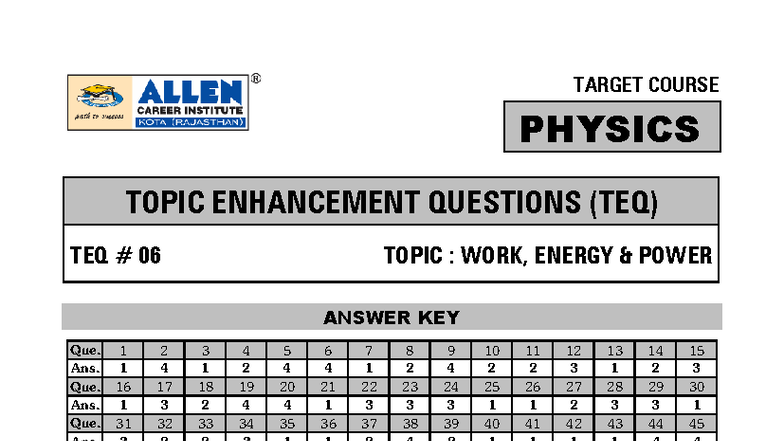 Physics TEQ 06: Work, Energy, and Power Answer Key - Studocu