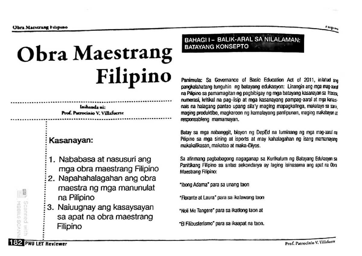 PNU LET Reviewer: Obra Maestrang Filipino - Batayang Kasanayan at ...