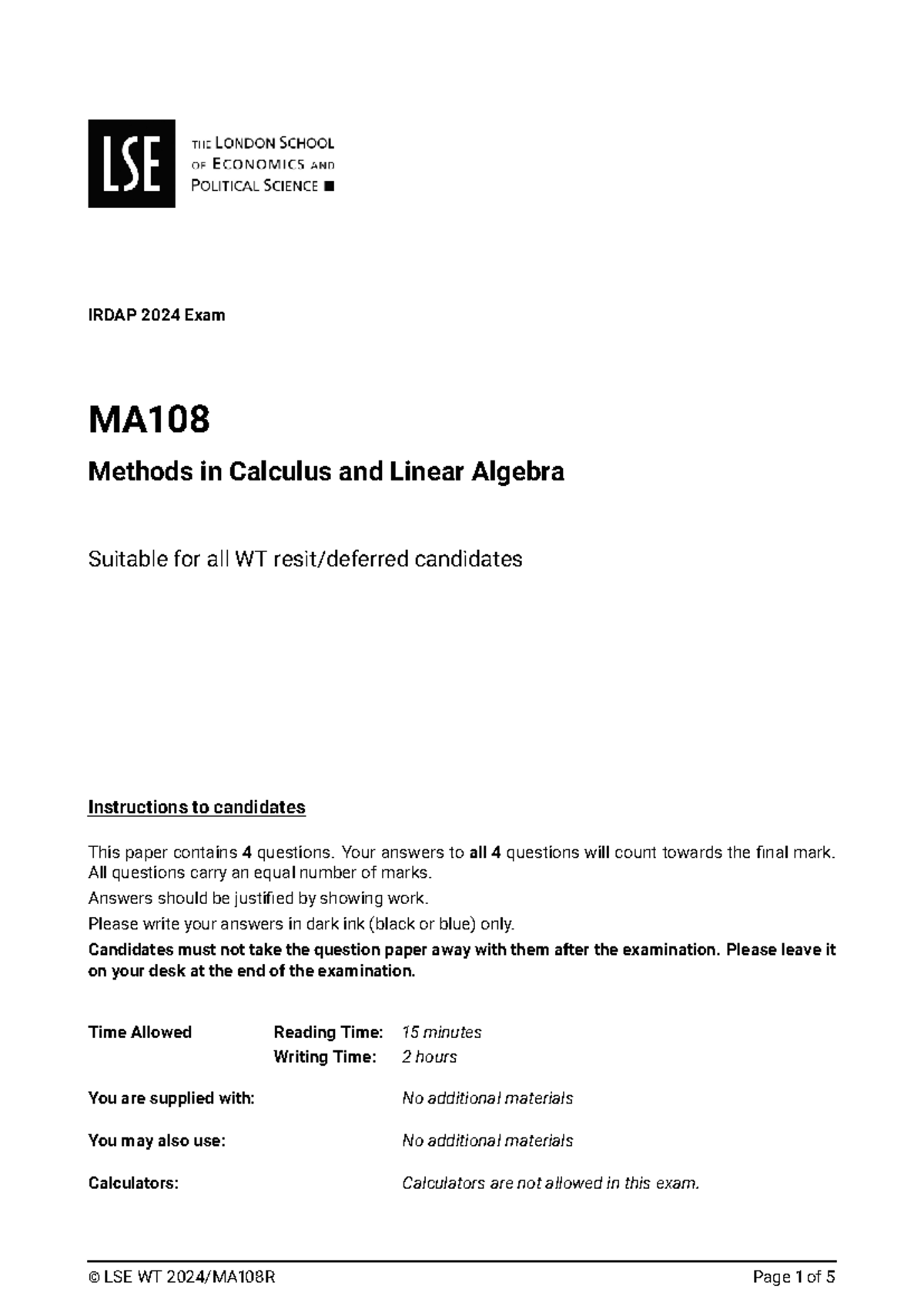 2024 MA108 Final Exam: Methods in Calculus & Linear Algebra - Studocu