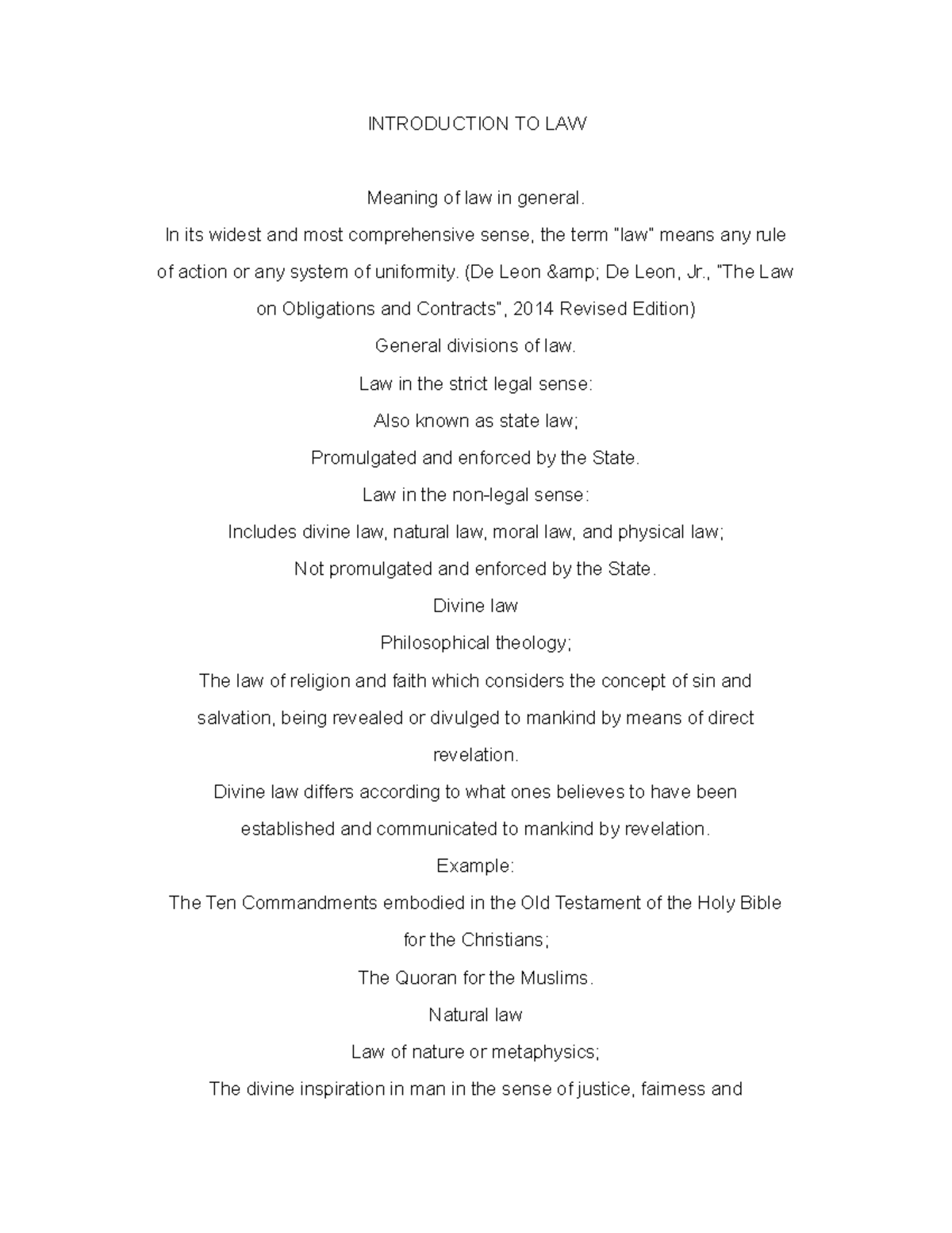 Introduction TO LAW - Meaning of law in general. In its widest and most ...