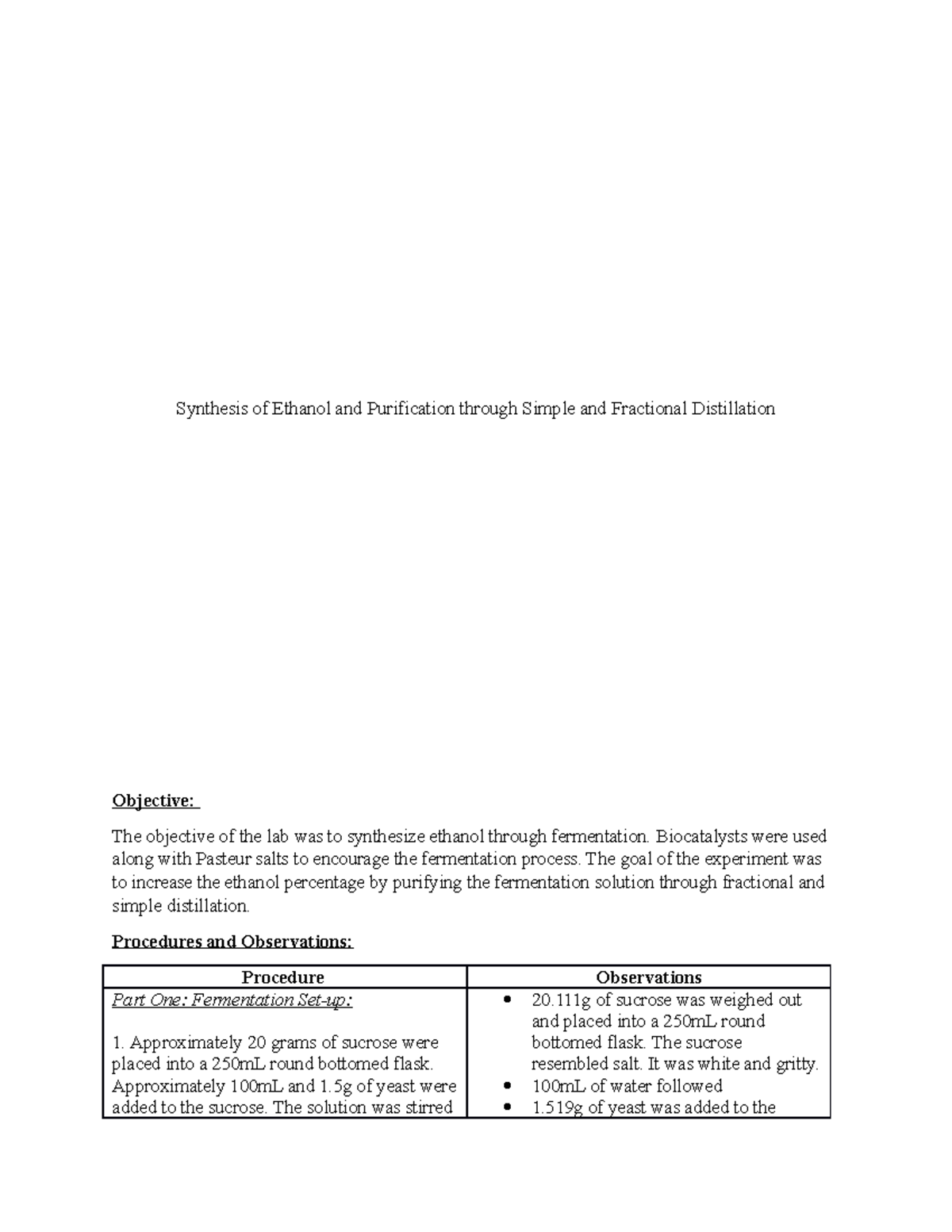 Synthesis and Purification of Ethanol: Lab Report on Distillation ...