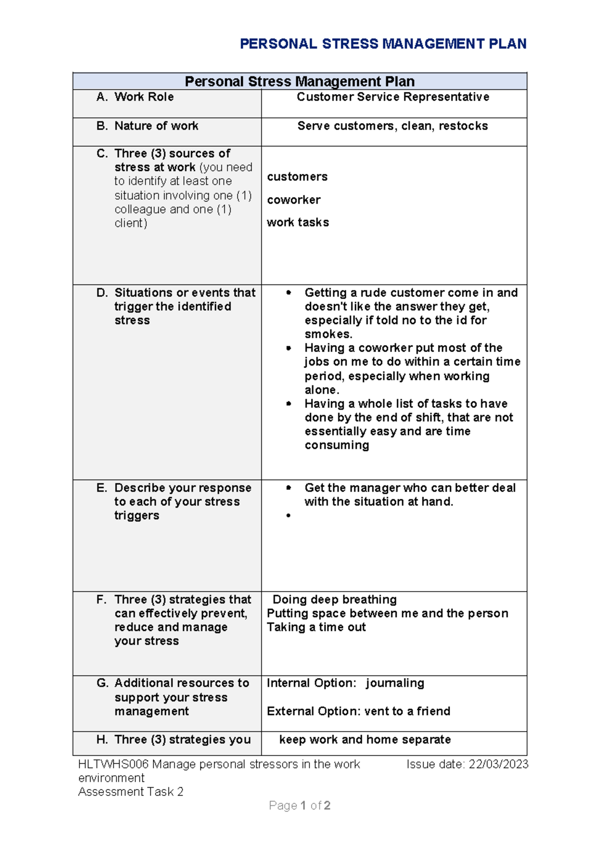 HLTWHS006 AT2 - Personal Stress Management Plan for CSR - Studocu