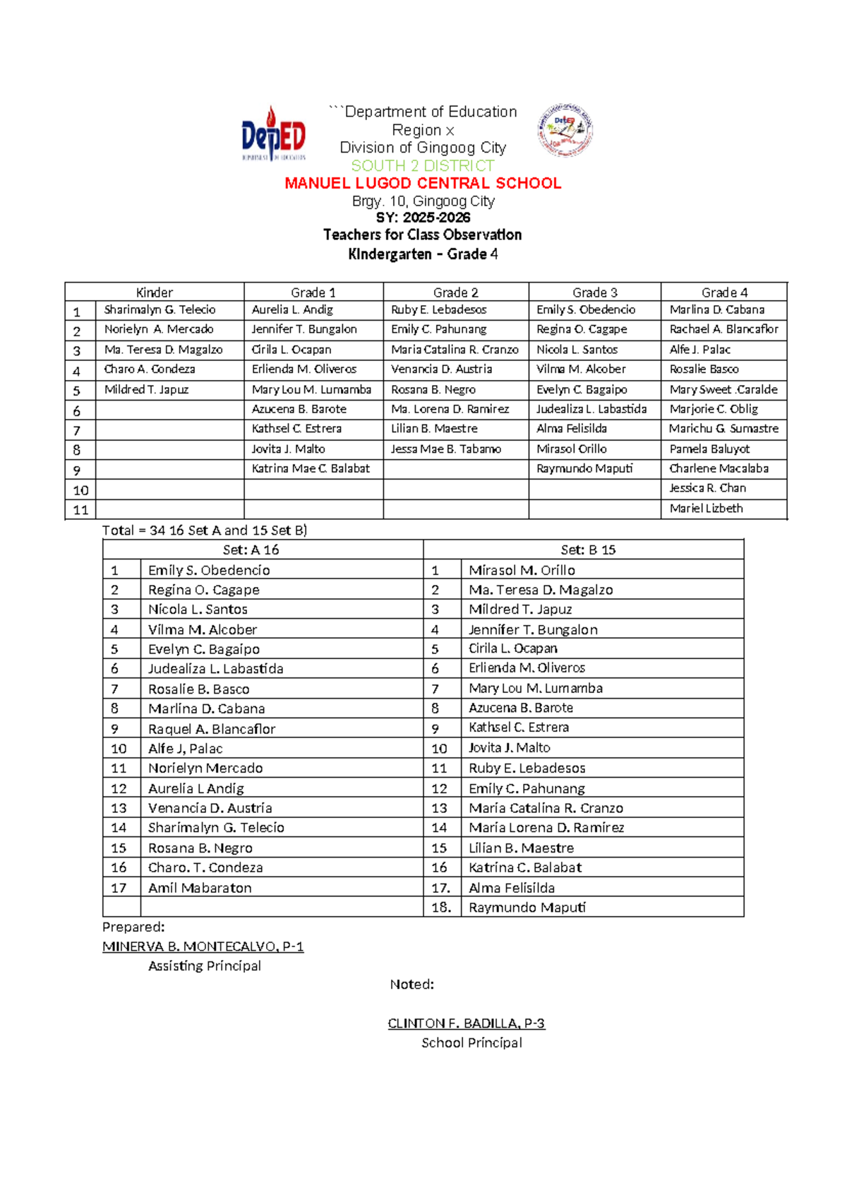Class Observation Schedule SY 25-26 for Kindergarten to Grade 6 ...