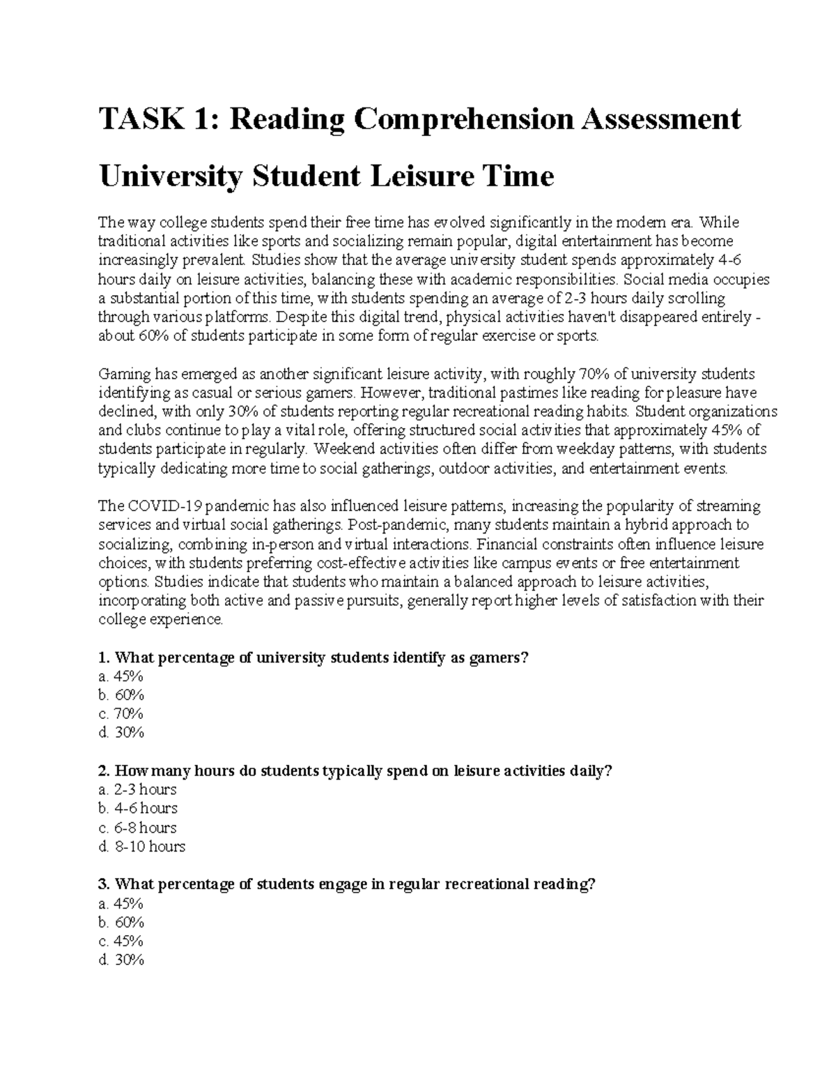 TASK 1: Reading Comprehension on University Student Leisure Time - Studocu