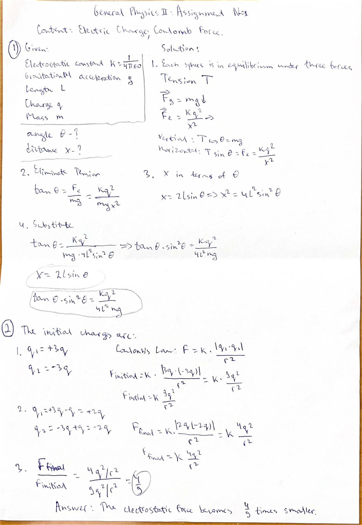 General Physics II: Assignment No. 1 - Electric Coulomb Force Analysis ...