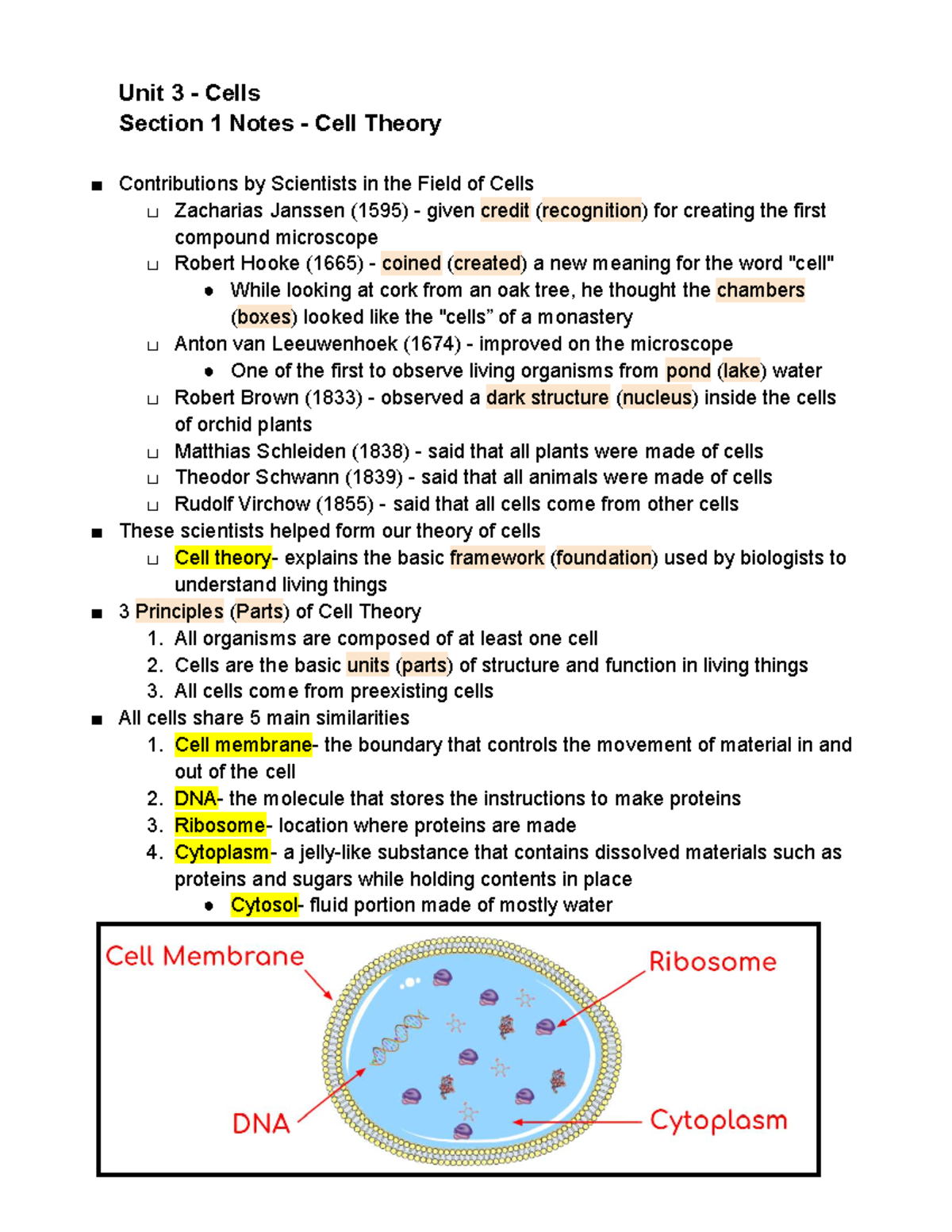Unit 3 - Cells: Cell Theory & Key Contributors Notes - Studocu