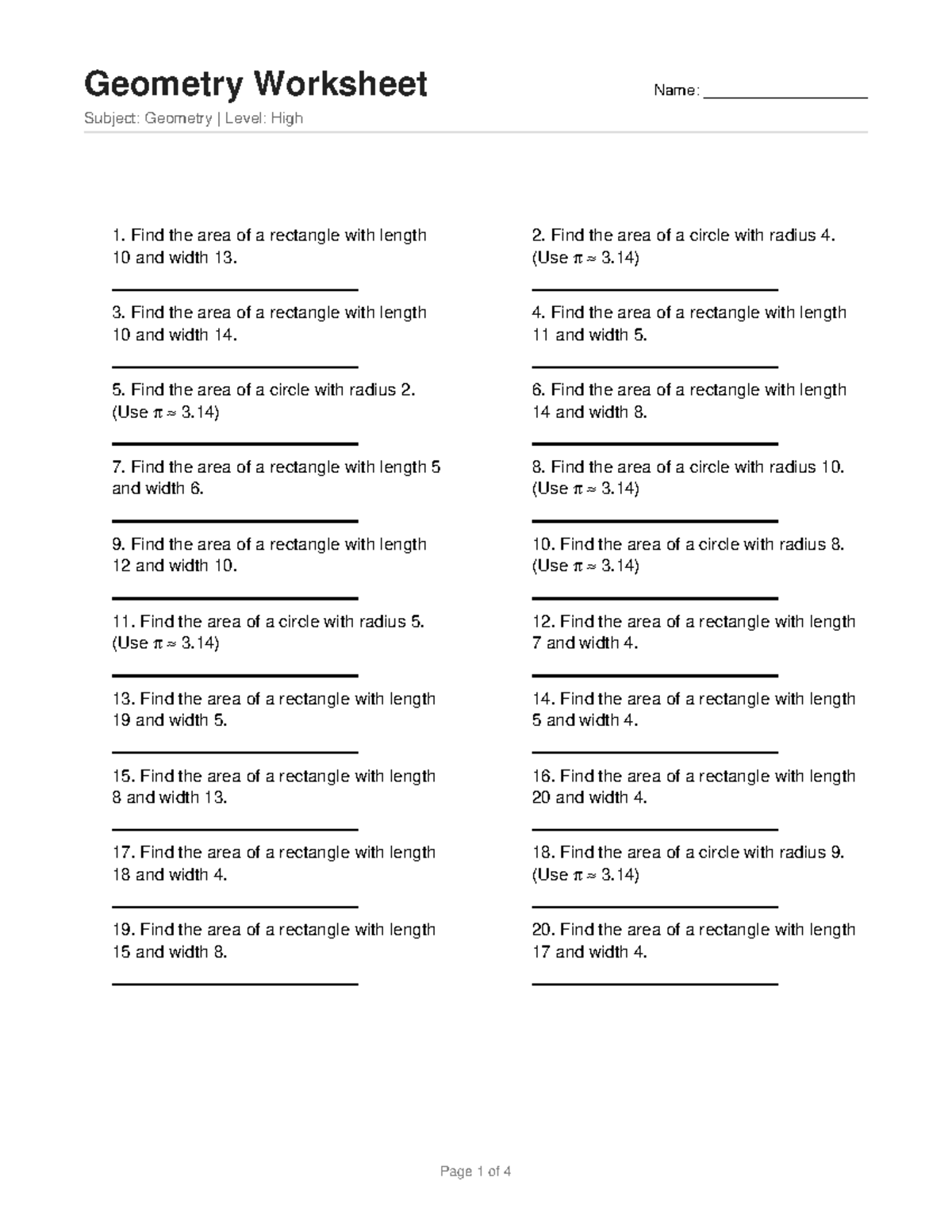 Geometry Worksheet 5: Area Calculations and Answers - Studocu