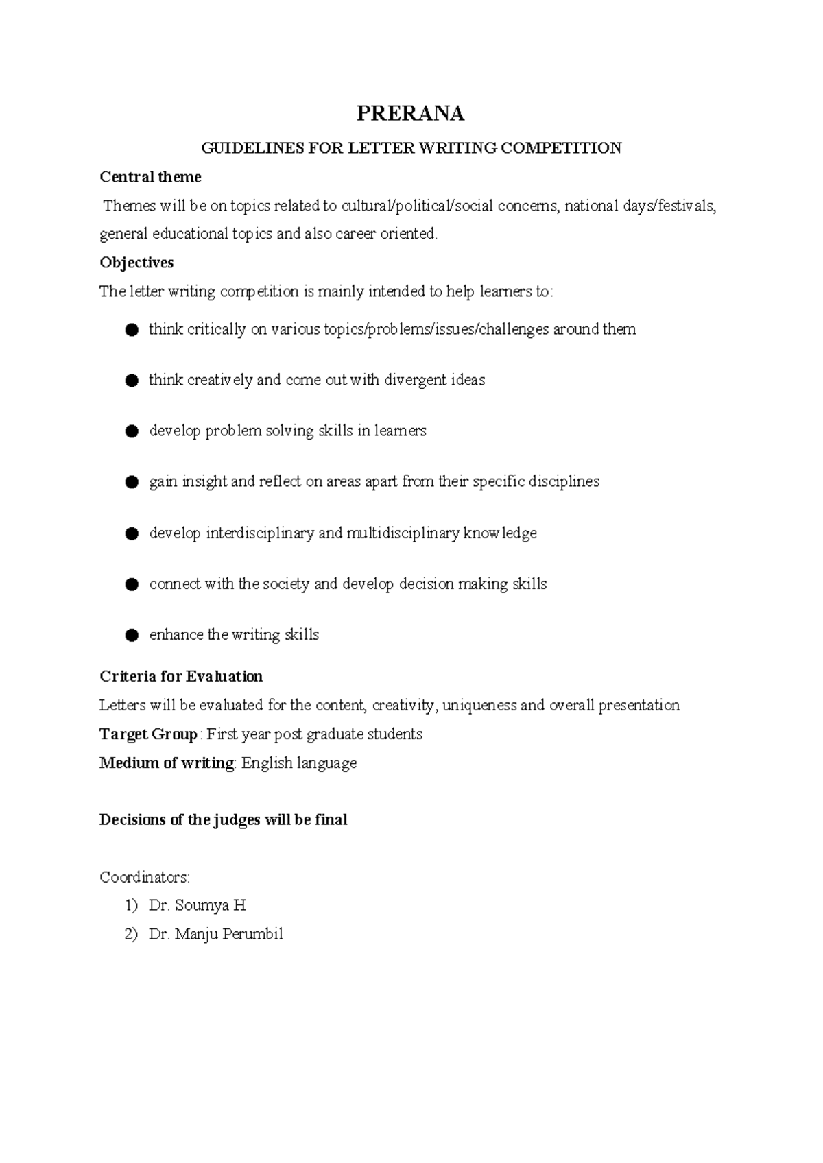 PRERANA Letter Writing Competition Guidelines for PG Students - Studocu