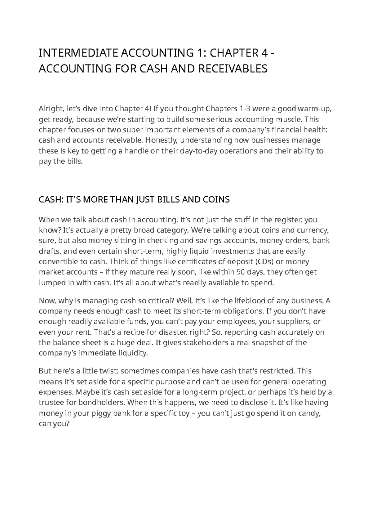 INTERMEDIATE ACCOUNTING 1: CHAPTER 4 REVIEW ON CASH & RECEIVABLES - Studocu