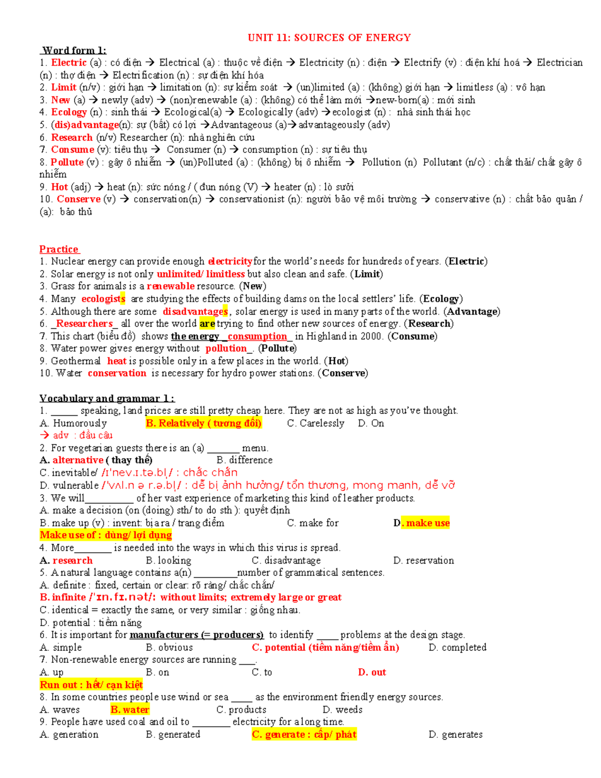 UNIT 11: ENERGY SOURCES VOCABULARY & GRAMMAR NOTES - Studocu